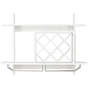 Giantex Wall Mounted Wine Rack Organizer W/Metal Glass Holder & Multifunctional Storage Shelf Modern Diamond-Shaped Wood Wine Server for 6 Bottles Wine Storage Display Rack (White)