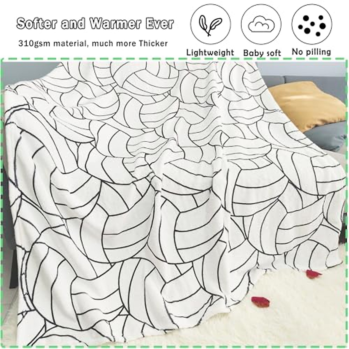 Niopos Volleyball Blanket Volleyball Gifts for Girls Teens Volleyball Stuff Lovers Team Gifts White Volleyball Fleece Blankets Girls Women (Light Black and White, 40x50 inch, Volleyball-Stripe)