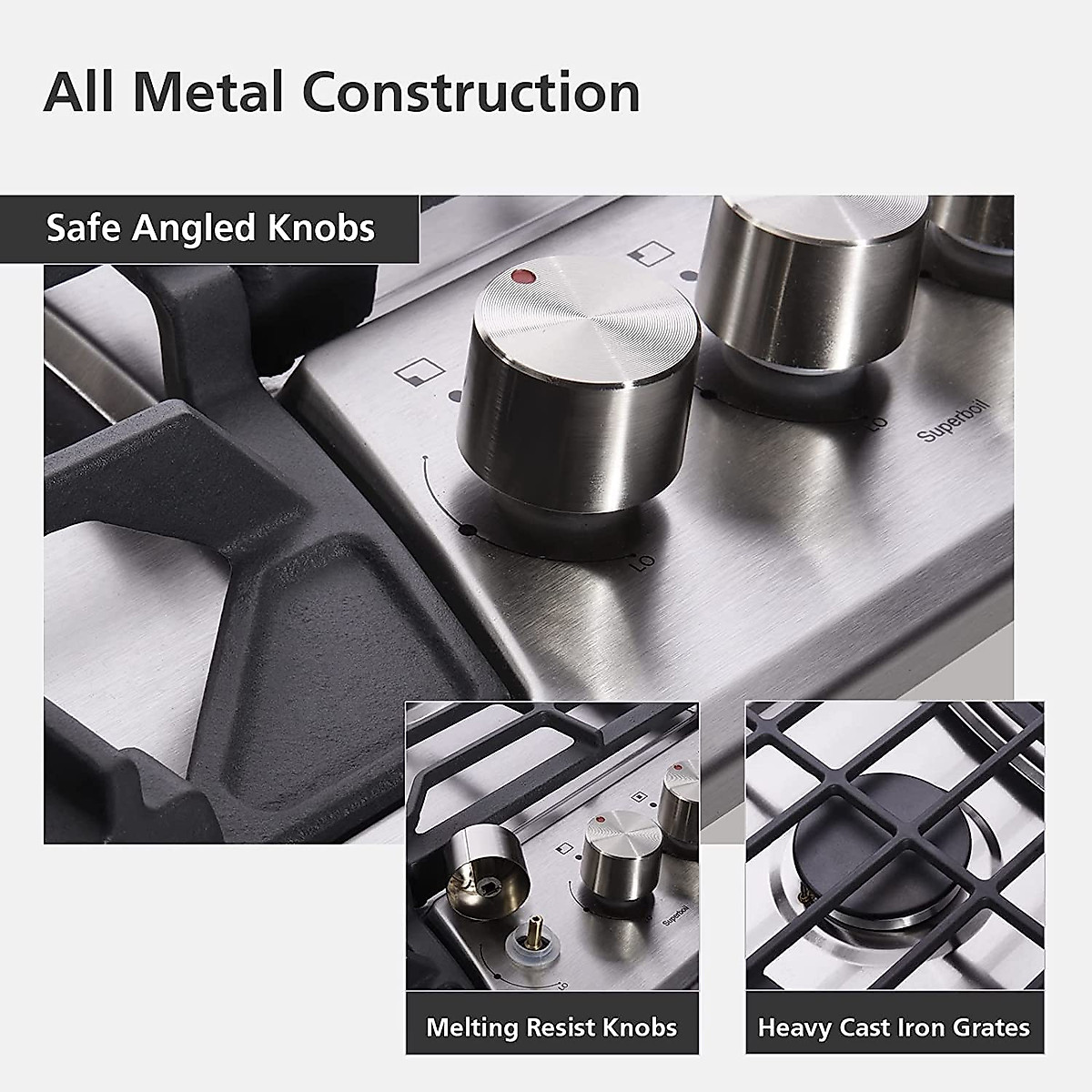 Trifecte 30 Inch Stainless Steel Gas Cooktop, Built-in Gas Stove Top with 5 Italy SABAF Sealed Burners Dual Fuel NG/LPG Convertible Gas Hob with Thermocouple Protection (Gas Regulator Not Included)