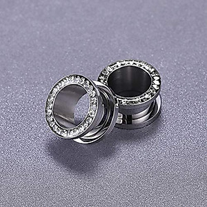 ZS 316L Stainless Steel Rhinestone Crystal Ear Tunnel Plugs Ear Gauges Expanders Body Piercing (White, 4g(5mm))