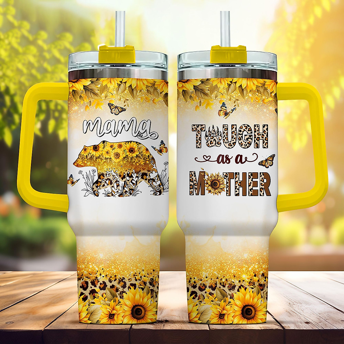 Women Yellow Stainless Coffee Momma Cups Black Butterfly Handle Glitter Steel Print For, Mama Bear Gifts, Tumbler 40 Oz With Handle Lid And Straw, Mama Bear Sunflower Leopard