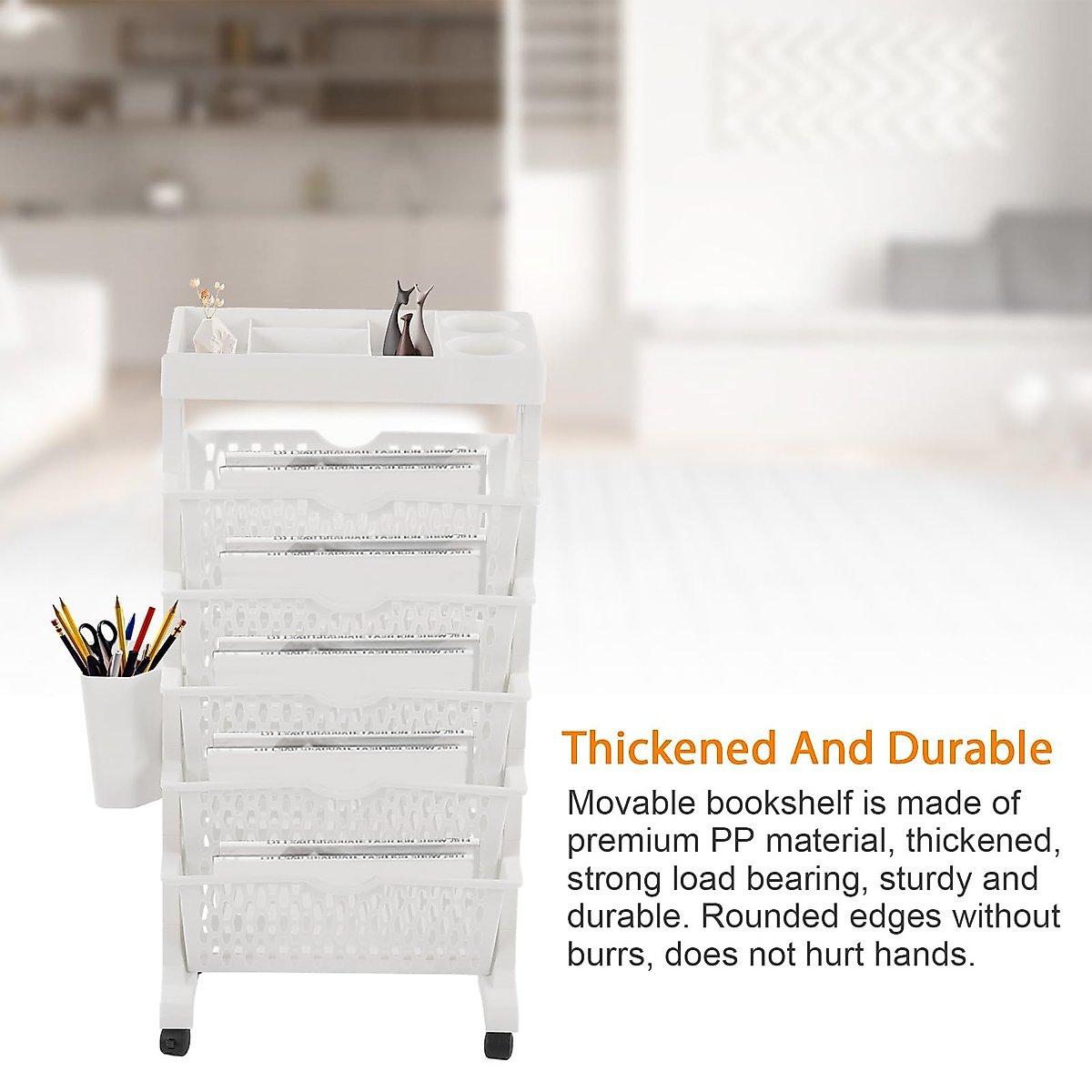 DULRLLY 6 Tier Movable Book Rack Storage Bookshelf Rolling Utility Cart Bookcase Organizer Removable Bookshelfs with Wheels Multifunctional Book Cart File Storage Book Shelf for Office Bedroom(White)