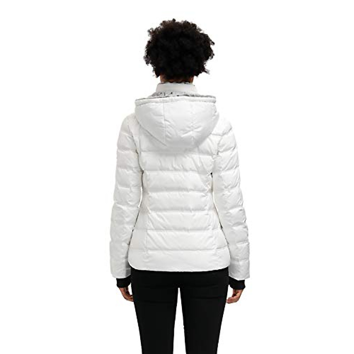 SLOW DOWN Women Midweight Down Puffer Jacket, Warm Hooded Winter Down Jacket for Women with Faux-Fur Hood & Collar (White, L)
