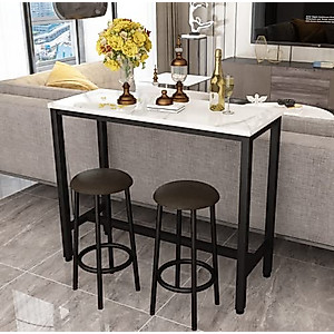 Lamerge 47.2" Bar Table Set of 2,Faux Marble Table Top,PU Leather Stools,3 Piece Pub Height Table Set,Dining Table Set,for Kitchen,Living Room,Nook,Bar,White&Brown