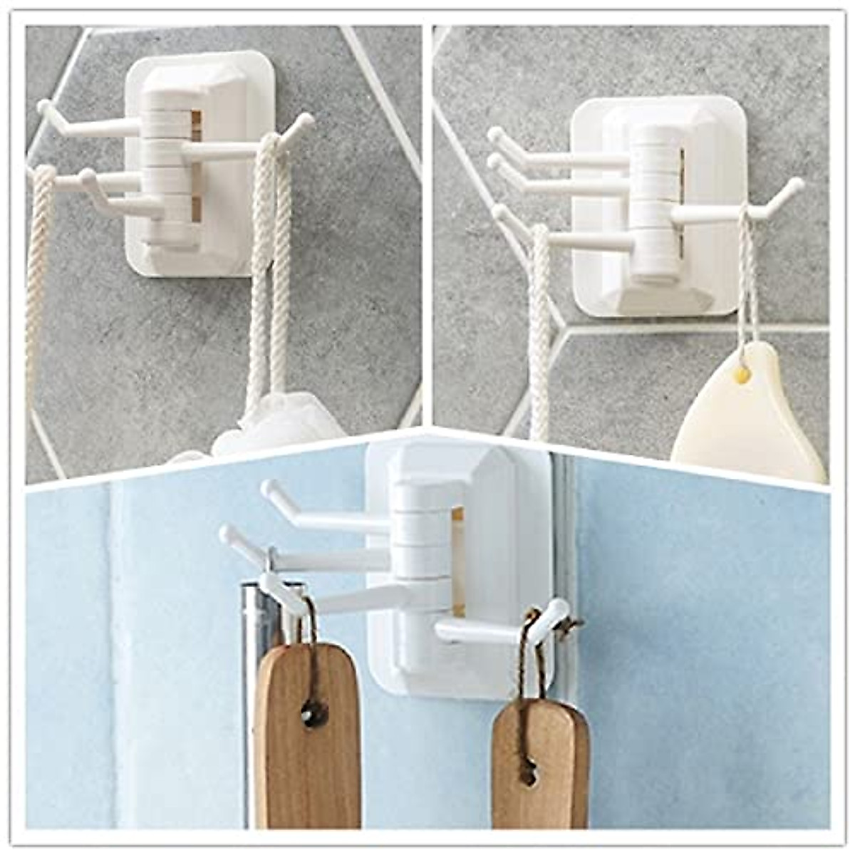 Fineget Wall Adhesive Hooks for Hanging Bathroom Kitchen Door Hooks 4 Rotatable Arms Round Heavy Duty Hooks White 2 Pairs