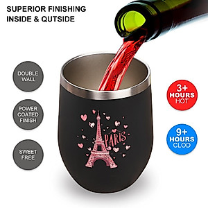 Paris France Eiffel Tower Souvenir Insulated Wine Tumbler with Lid Stainless Steel Travel Mug Coffee Cup for Cold & Hot Drinks