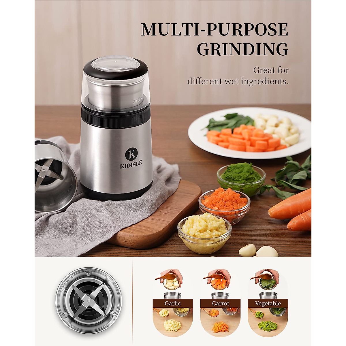 KIDISLE Coffee Grinder Electric, Herb Grinder, Spice Grinder, Coffee Bean Grinder, Espresso Grinder with 2 Removable Stainless Steel Bowl,Silver
