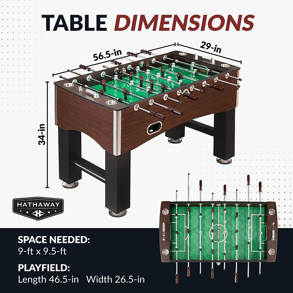 Hathaway Primo 56-In Foosball Table for Family Game Room - With E-Z Spin Bearings, Analog Scoring Units, Solid MDF Cabinet, Easy-Grip Handles & Adjustable Leg Levelers - Wood Grain Finish