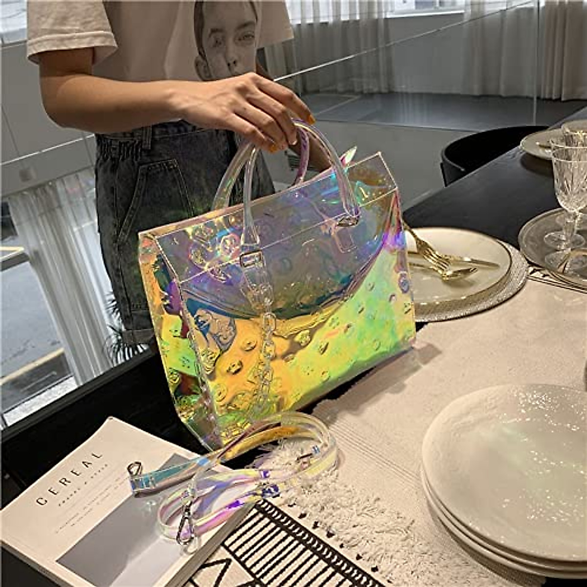 XinMaJiaSnail Women Holographic Tote Handbag Rainbow Colorful Clear Travel Bag Large Square Backpack