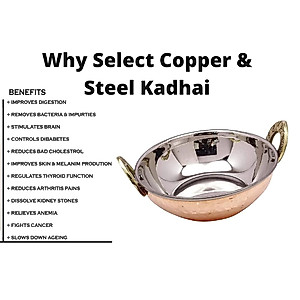 Genx Set of 4, Indian Copper Serveware Karahi Vegetable Dinner Bowl with Solid Brass Handle for Indian Food, Diameter- 13 Cm (5.2 Inches)