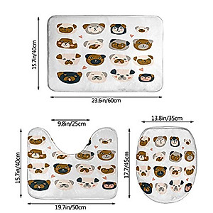 Moslion Cartoon Pug Puppies Bath Mat Dog Funny Lovely Animal Cute Face Smile Tongue Expression Bathroom Mat 3 Piece Set Non-Slip Bathmat Antiskid Pad Doormat and Toilet Lid Cover Set