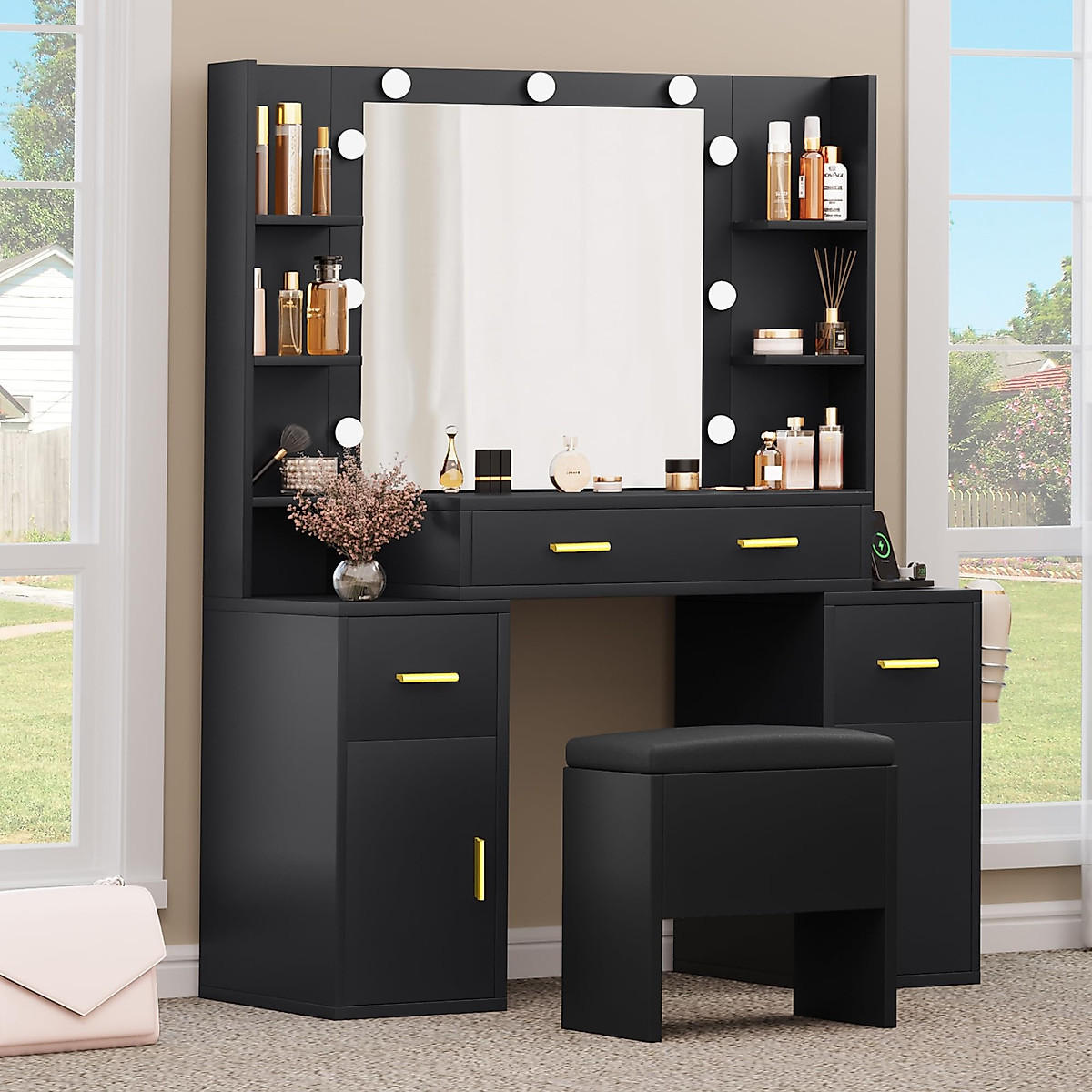 YITAHOME Makeup Vanity Desk with Mirror and Lights, Large Vanity Set with Charging Station, Dressing Table with Storage Bench, Makeup Vanity Mirror with Shelf and Drawers, 3 LED Lights Modes, Black