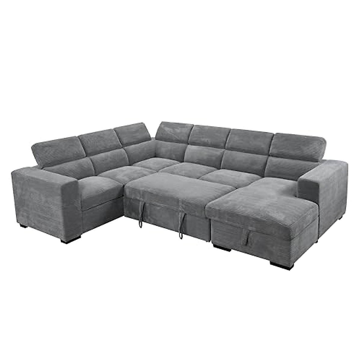 THSUPER Corduroy 123" Oversized U Shape Sectional Sleeper Sofa with Pull Out Bed, 7-Seats Sleeper Sectional Sofa with Storage Chaise and Adjustable Headrest for Living Room - Dark Grey