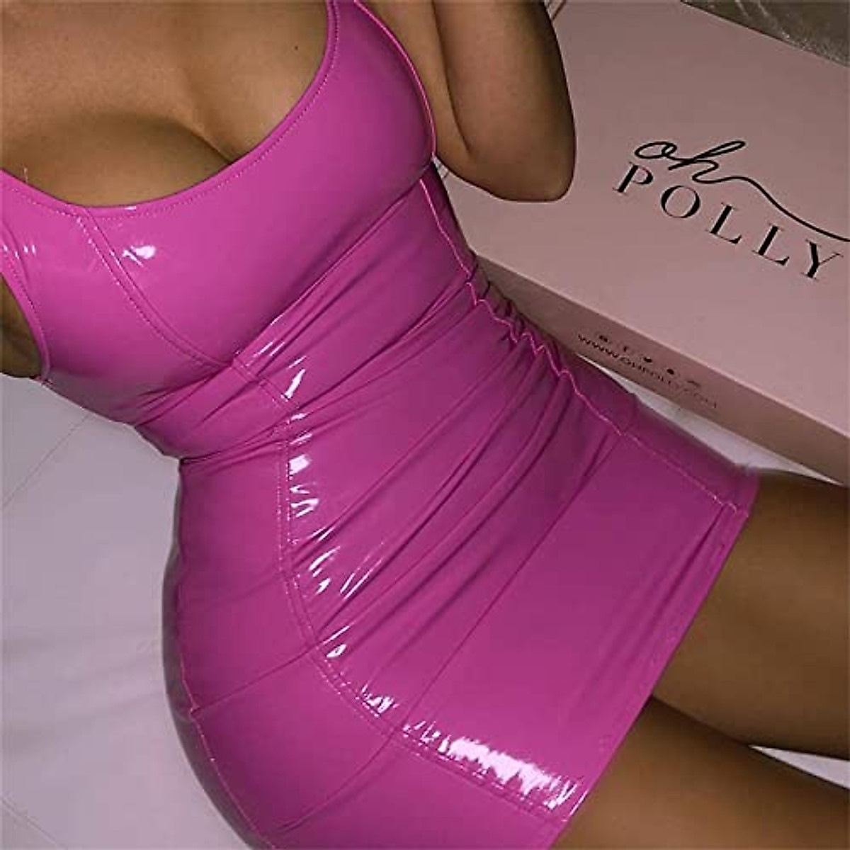 Faux Leather Latex Mini Party Club Dress Womens Sexy Scoop Neck Pu Leather Tank Dresses Bodycon for Women (2X-Large,Pink), XX-Large