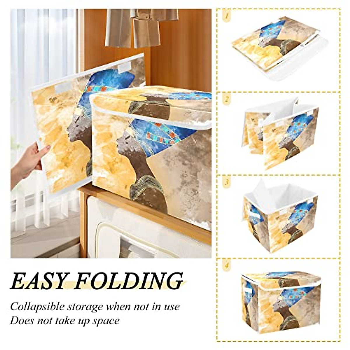 Krafig Old Egyptian Foldable Storage Box Large Cube Organizer Bins Containers Baskets with Lids Handles for Closet Organization, Shelves, Clothes, Toys