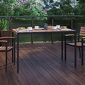 Flash Furniture Lark Outdoor Steel Dining Table with Umbrella Hole - Faux Teak Poly Slatted Top - Commercial Grade Table-Black Frame-30x48 Table Seats up to 4 Adults