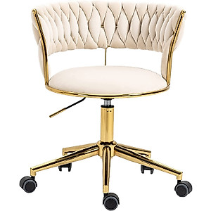 Goujxcy Velvet Swivel Chair, Velvet Desk Chair with Gold Base, Cute Makeup Vanity Chair for Women Girls, Woven Back Adjustable Armchair Task Computer Chair for Home Office Bedroom Living Room, Beige