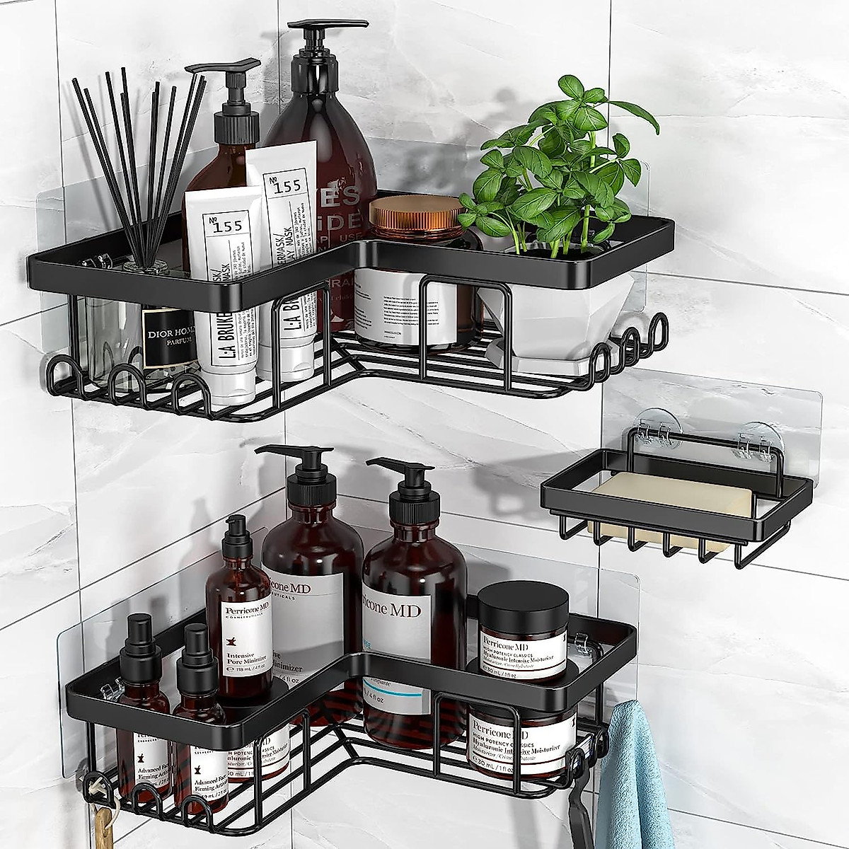 YASONIC Corner Shower Caddy, 3-Pack Adhesive Shower Caddy with Mesh Shower Caddy Portable, Rustproof Stainless Steel Bathroom Shower Organizer, No Drilling Wall Mounted Shower Rack, Bathroom, Black