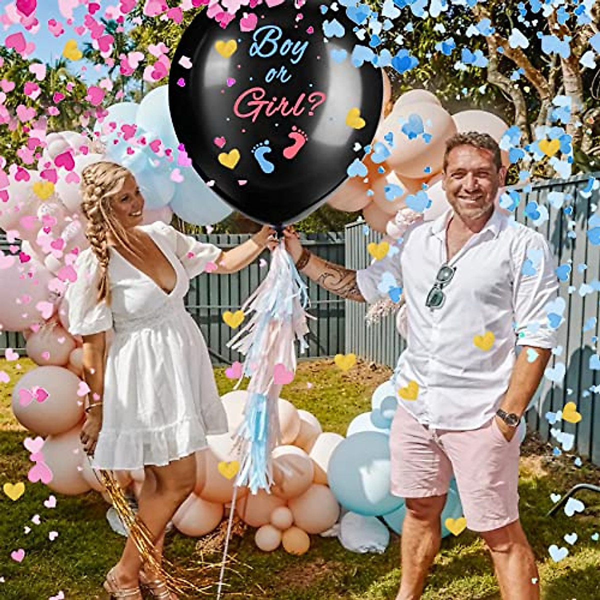 Gender Reveal Balloons, 1 Pack 36 Inch Black Boy or Girl Balloon with Pink and Blue Heart-Shaped Confetti for Gender Reveal Party Decorations