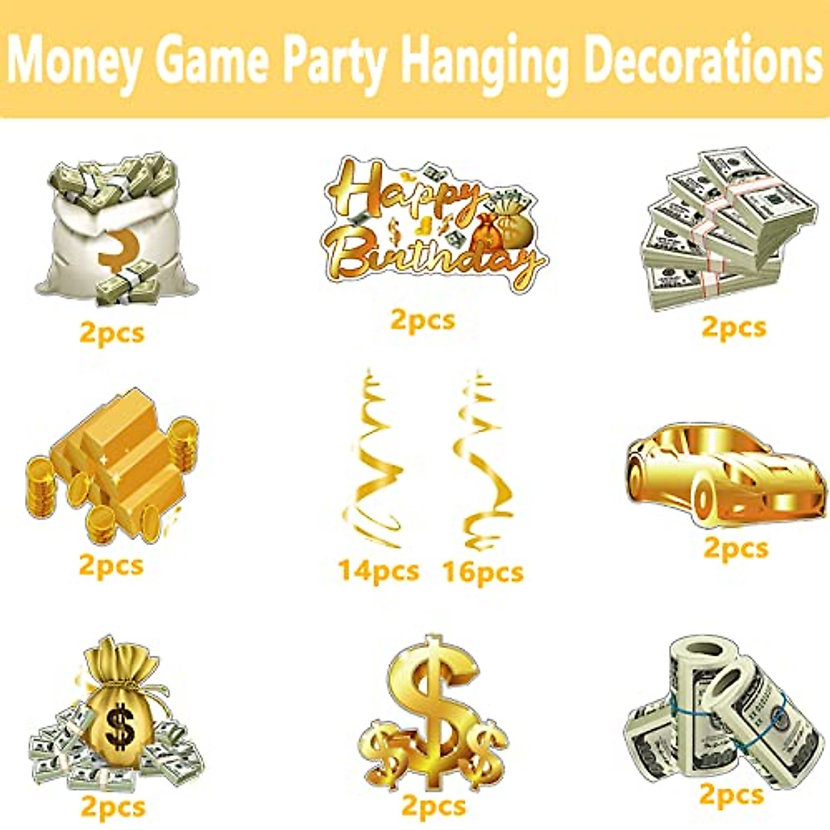 UOMNICUE Money Party Decorations 30PCS Gold Money Theme Hanging Swirls Happy Birthday Money Bag Money Theme Birthday Party Decorations for Adults Bachelorette Retirement Anniversary Graduations Party
