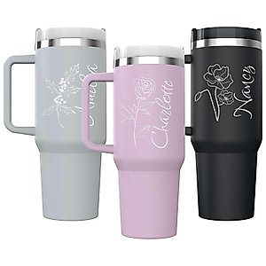 Custom Personalized Birth Flower Flower Your Name Engraved Insulated Stainless Steel Tumbler with Handle, Lid, and Straw 40 oz. Birthday Gift for Her