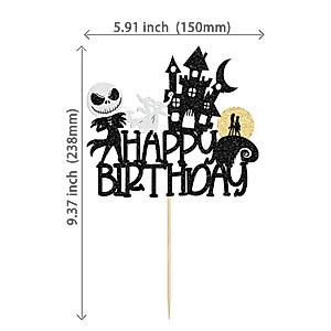 1Pc Halloween Happy Birthday Cake Topper Glitter Jack and Sally Pumpkin Bat Castle Ghost Halloween Cake Pick for Halloween Theme Baby Shower Kids Birthday Party Cake Decorations Supplies