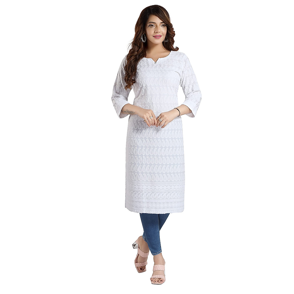 QUEEN SHIELD Women's Chikan-Kari Long Knee Length Kurti(White)(3XL)(46White9999)