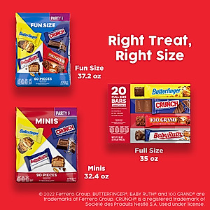 Butterfinger, CRUNCH, Baby Ruth and 100 Grand, Bulk 60 Pack, Assorted Fun Size Chocolate Candy Bars, 37.2 oz