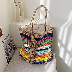 Shopping Female Large Capacity Tassel Tote Bag Shoulder Crossbody Ins Woven Handbag Multicolor