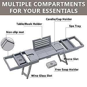 HBlife Foldable Bathtub Caddy Tray with Folding Slide-Out Arms - Expandable Bamboo Bath Table Tray with Book and Wine Glass Holder, Essential Bathroom Accessories for Home Spa