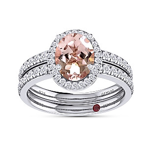 GEMVIO Collection 8X6MM Oval Cut Natural Morganite Gemstone & Natural Diamond Halo Bridal Set Engagement Ring In 14K White Gold Over Sterling Silver Anniversary Wedding Ring (1.40 Cttw)-7
