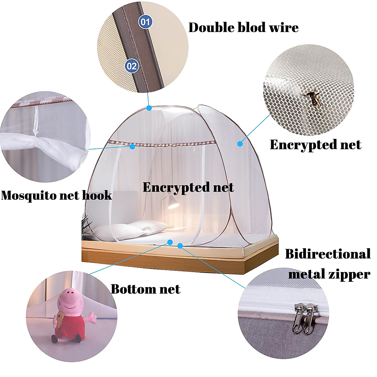 Fancylovesotio Mosquito Netting for Bed with Mosquito Head Net Mesh, Travel Portable Folding Bed Net Tend with Bottom for Twin and King Size Home Outdoor Brown，1.0M
