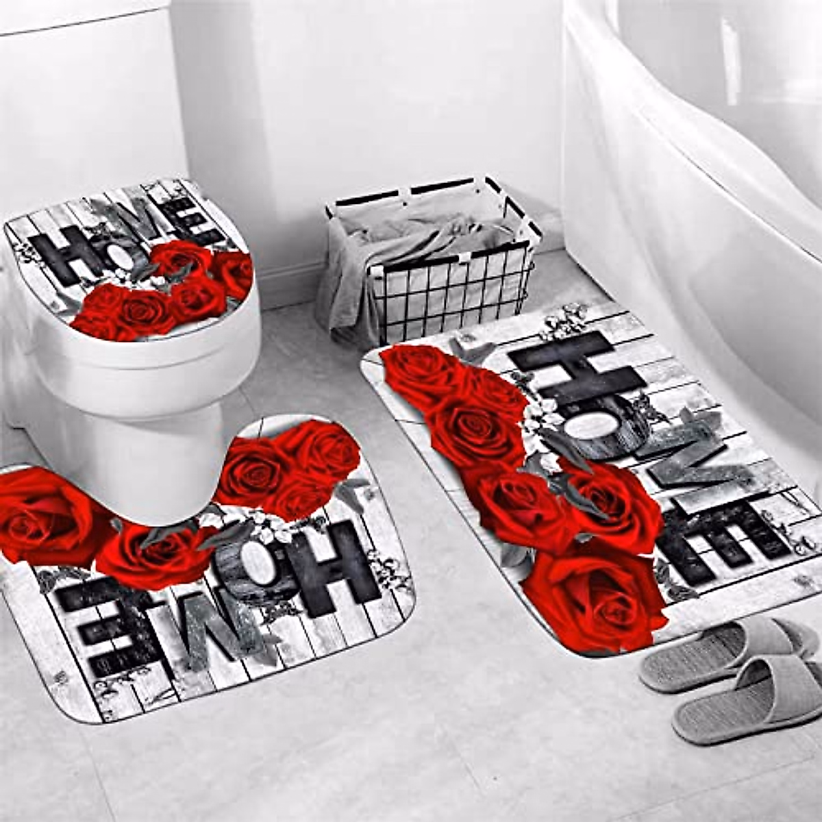 Yddsky Red Rose 4 Pcs Shower Curtain Sets Non-Slip Rugs Bath Mat Toilet Cover U Shaped Mat Black Red Shower Curtain with 12 Hooks Red Rose Valentine's Day Bathroom Set