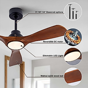 QUTWOB 42" Wood Ceiling Fan with Lights Remote Control,Quiet DC Motor 3 Blade Ceiling Fans for Patio Living Room, Bedroom, Office,Indoor Outdoor(Black+Dark Walnut)