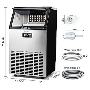 EUHOMY Commercial Ice Maker Machine, 100lbs/24H Stainless Steel Under Counter ice Machine with 33lbs Ice Storage Capacity, Freestanding Ice Maker.