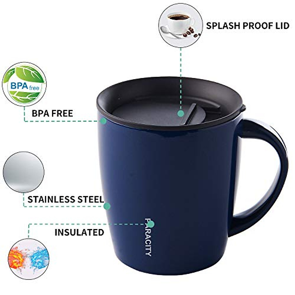 PARACITY Insulated Coffee Mug Stainless Steel Coffee Mug with Lid Handle Double Wall Vacuum Travel Mug Camping Tumbler Cup Men Women 12 oz