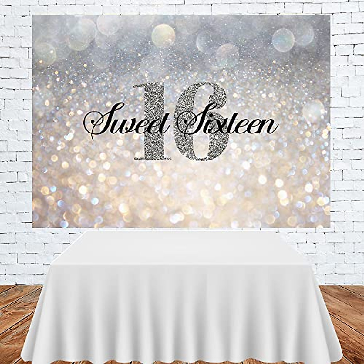 Lofaris Sweet 16 Birthday Party Backdrop Shiny (No Glitter) Silver White Bokeh Golden Spots Princess Sixteen Background Girls 16th Birthday Decorations Cake Table Banner 7x5ft
