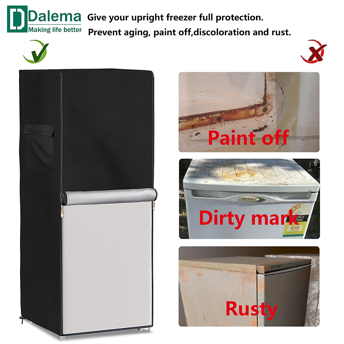 Dalema Outdoor Refrigerator Cover,600D Heavy Duty 100% Waterproof Upright Freezer Cover,Outside Stand Up Fridge Covers.Front Can Be Rolled-Up by Zippers.(Black,23" W x 23" D x 56" H)