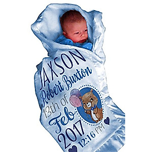 Kids-Pillowcases-By-Stockingfactory Personalized Baby Blankets for Boys (30x40, Blue Micro Plush Fleece Satin Edge Trim) Custom with Baby's Name for Newborn Baby Christening Baptism