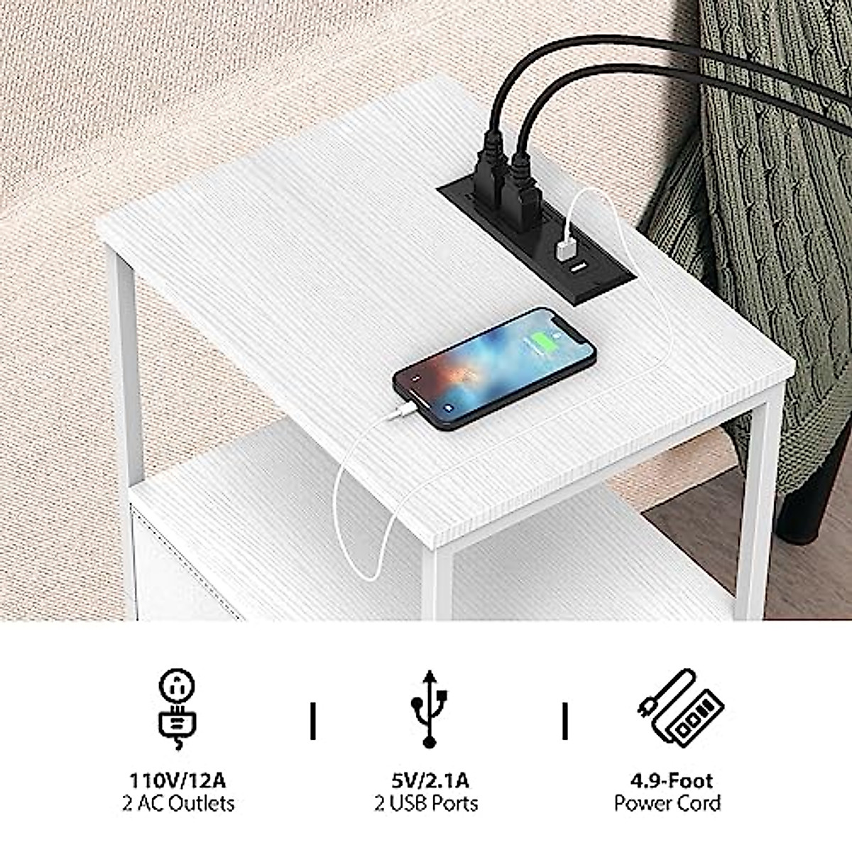 DOMYDEVM White Nightstand with Charging Station Bedroom Night Stand Bedside Table with USB Ports and Outlets Small Side End Table with 2 Fabric Storage Drawers for Living Room Dorm