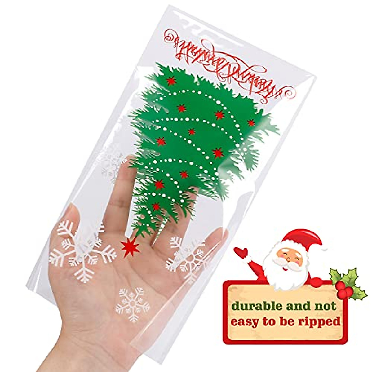 SUPERLELE Christmas Cellophane Bags 168 PCS with 180 PCS Twist Ties 8 Assorted Styles as Gift Box Santa Snowman Pattern Snack Bags for Treat Candy Goodie Christmas Party Supplies