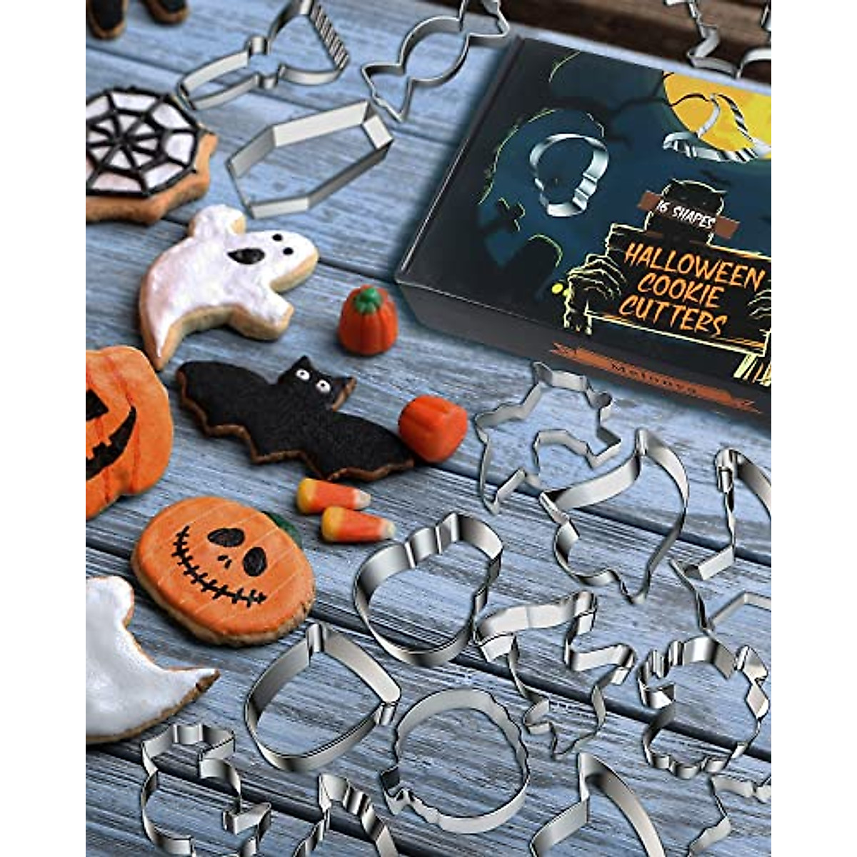 16 Pcs Halloween Cookie Cutters Large Fall Set with Decorating Instructions Stainless Steel Pumpkin Witch Hat Cat Bat Skull Ghost Spider Broom And More