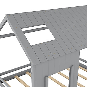 Full House Bed, Montessori Bed Full Size Floor Bed with Rails and Roof, Window, Solid Wood Platform Bed Frame with Slats, for Kids Teens Girls Boys (Full Size, Gray)