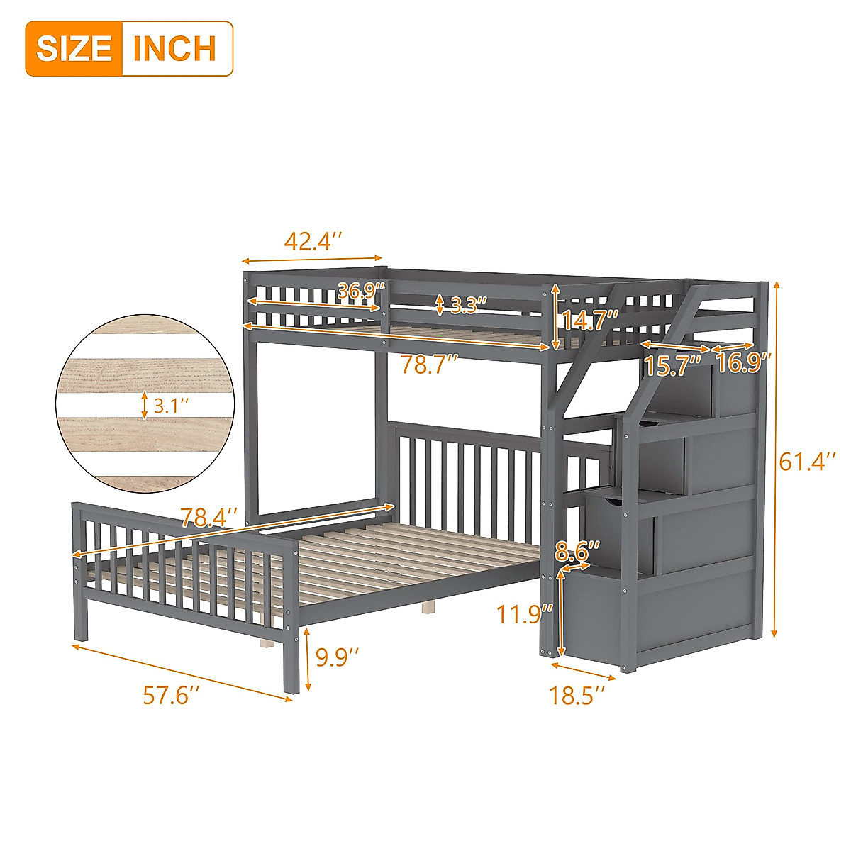 SOFTSEA Loft Bunk Bed with Desk and Drawers for Storage Solid Wood Loft Bed for 2, Modern Twin Over Full Bunk Bed with Ladder and No Box Spring Needed, MuddyWhite