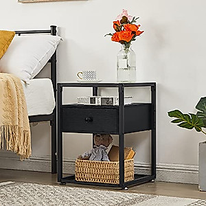 VECELO Bedside End Table, Modern Nightstand with Drawer, Night Stand for Living Room Bedroom, Tempered Glass, Black