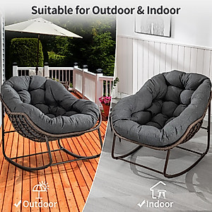 HOMEFUN Outdoor Patio Rocking Chairs, Oversized Papasan Rocking Chair Indoor with Padded Cushion - Rocker Egg Chair for Front Porch, Garden, Patio, Backyard Gray