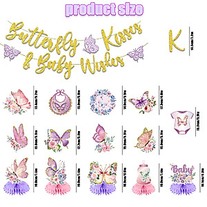 KMCCUMBER Butterfly Baby Shower Decorations, Purple Baby Shower Decorations Include Butterfly Kisses and Baby Wishes Banner Hanging Swirls and Honeycomb Centerpiece Party Decorations for Girl