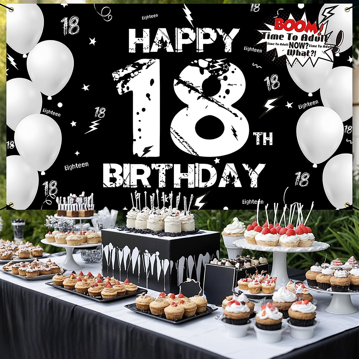 PHXEY 18th Birthday Decoration for Men Women, Fabric Happy 18th Birthday Backdrop Banner Black White, 18 Year Old Birthday Party Yard Sign Photo Booth Props Decor Supplies for Boys Girls