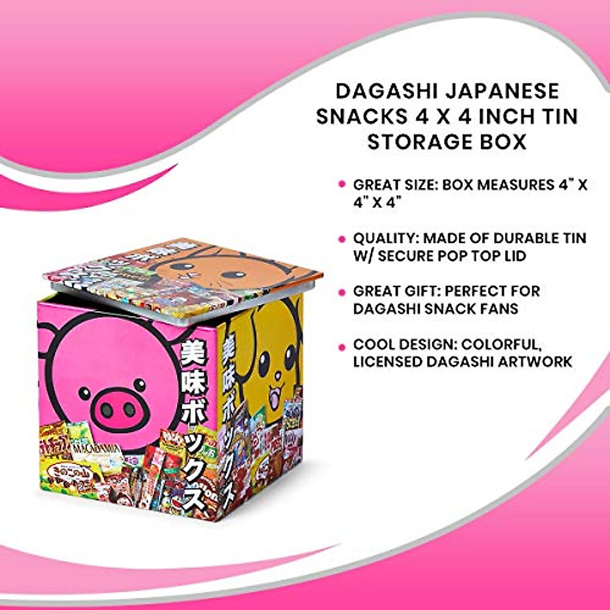 Dagashi Japanese Anime Otaku Snacks Tin Storage Box - 4x4-Inch Metal Novelty Stash Container With Pop Top Lid - Decorative Organizer Holder Cube Canister