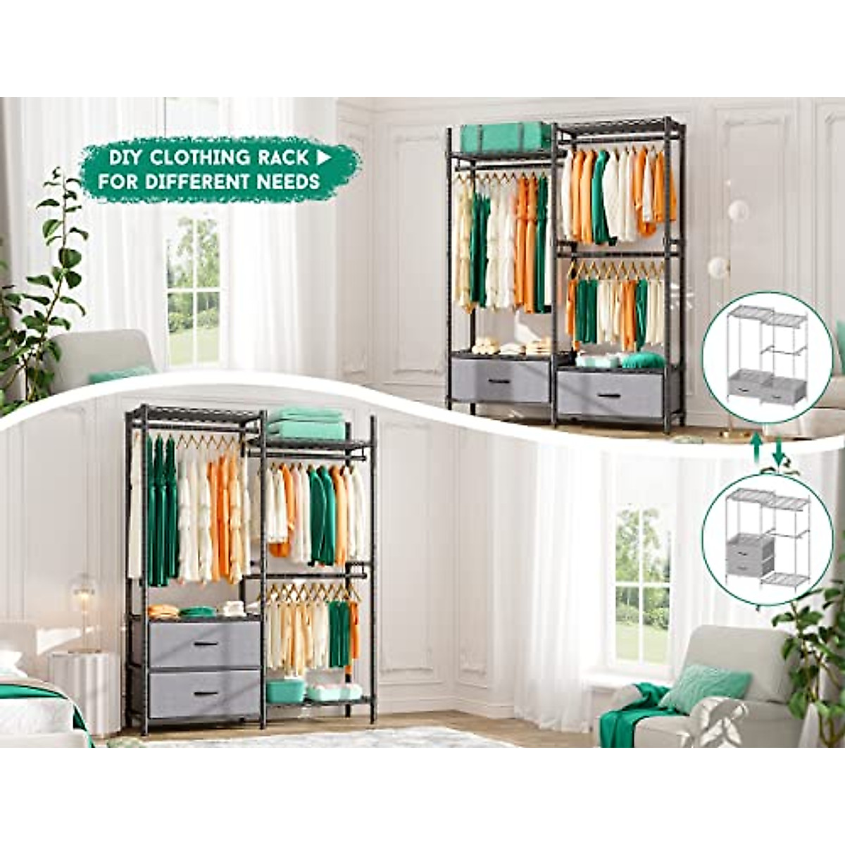 REIBII Clothes Rack,Clothes Racks for Hanging Clothes Rack Heavy Duty Clothing Rack Load 620LBS Clothing Racks for Hanging Clothes Adjustable Portable Garment Rack Free Standing Wardrobe Closet